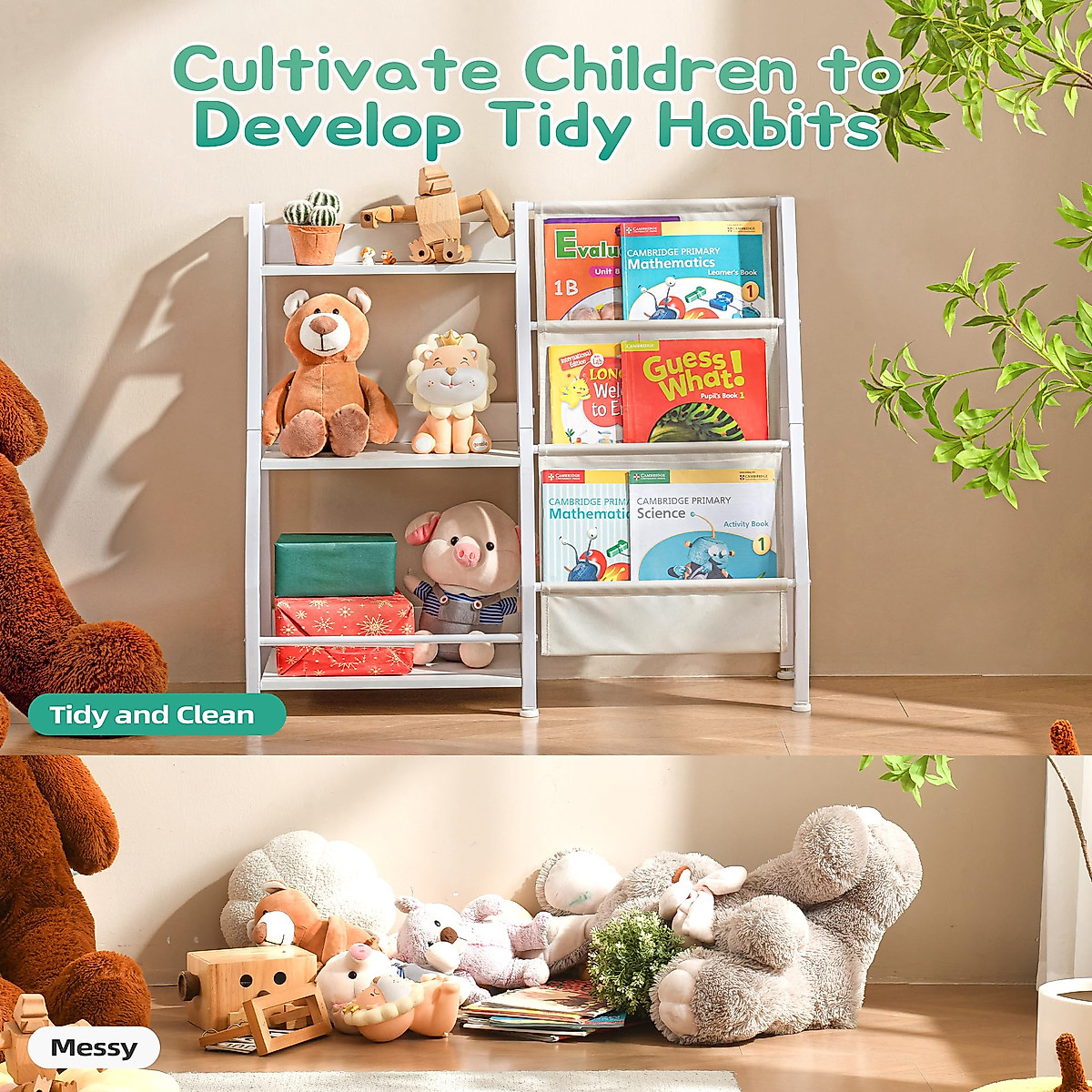 infurnic Kids Bookshelf and Toy Organizer with Extra Pocket, Book Shelf for Kids Rooms,2 in 1 Nursery Book Shelves, Toddler Bookshelf Montessori Bookshelf and Kids Book Shelf (White)