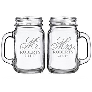 Mr. and Mrs. Elegant Script Personalized Glass Mason Mugs (set of 2)