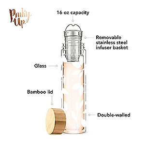 Pinky Up Blair Travel Tea Infuser Mug, Double Walled Insulated Travel Tumbler with Loose Leaf Tea Strainer, Travel Coffee Mug, Keeps Drinks Hot or Cold, 16 oz, White Leaf