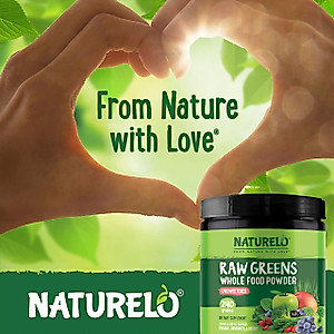NATURELO Raw Greens Superfood Powder - Unsweetened - Boost Energy, Detox, Enhance Health - Organic Spirulina - Wheat Grass - Whole Food Nutrition from Fruits & Vegetables - 240 Grams