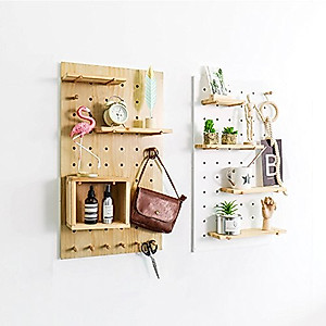 Creation Core Wooden Pegboard with 2 Floating Shelves & 6 Pegs Hooks Wall Storage Organizer System for Office Home Kitchen Decor 15.7x15.7, White