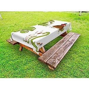 Ambesonne Reptile Outdoor Tablecloth, Reptile Family Colorful Snake Frog Ninja Turtles Love Mother Family Theme, Decorative Washable Picnic Table Cloth, 58" X 104", Green Brown Red