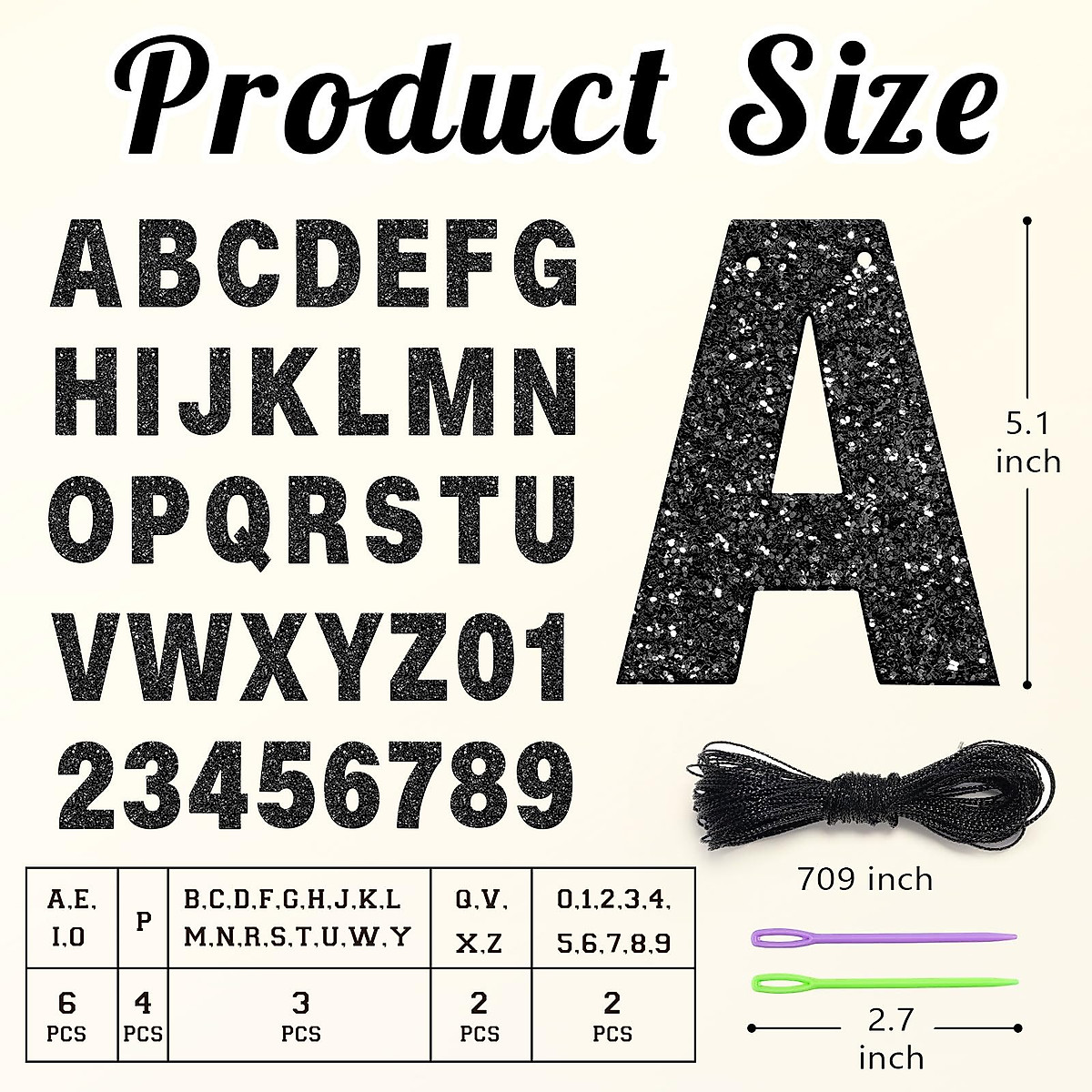 110 PCS DIY Letter Banner Customizable Banner Kit, Glitter Banner Kit Including 107 Letters and Numbers 1 Rope and 2 Threading Device for Graduation Wedding Party Baby Shower Birthday(Black)