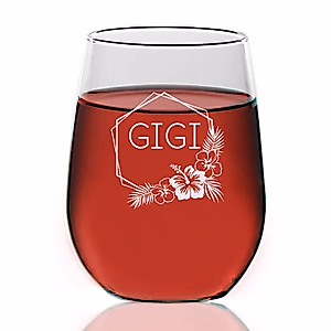 DiandDesignGift Gigi Wreath Wine Glasses - Gigi Wine Glass Floral Laser Engraved - Stemless Wine Glass - Gigi Wine Glass - Mother's Day - Gigi Gift - Birthday Gifts For Gigi