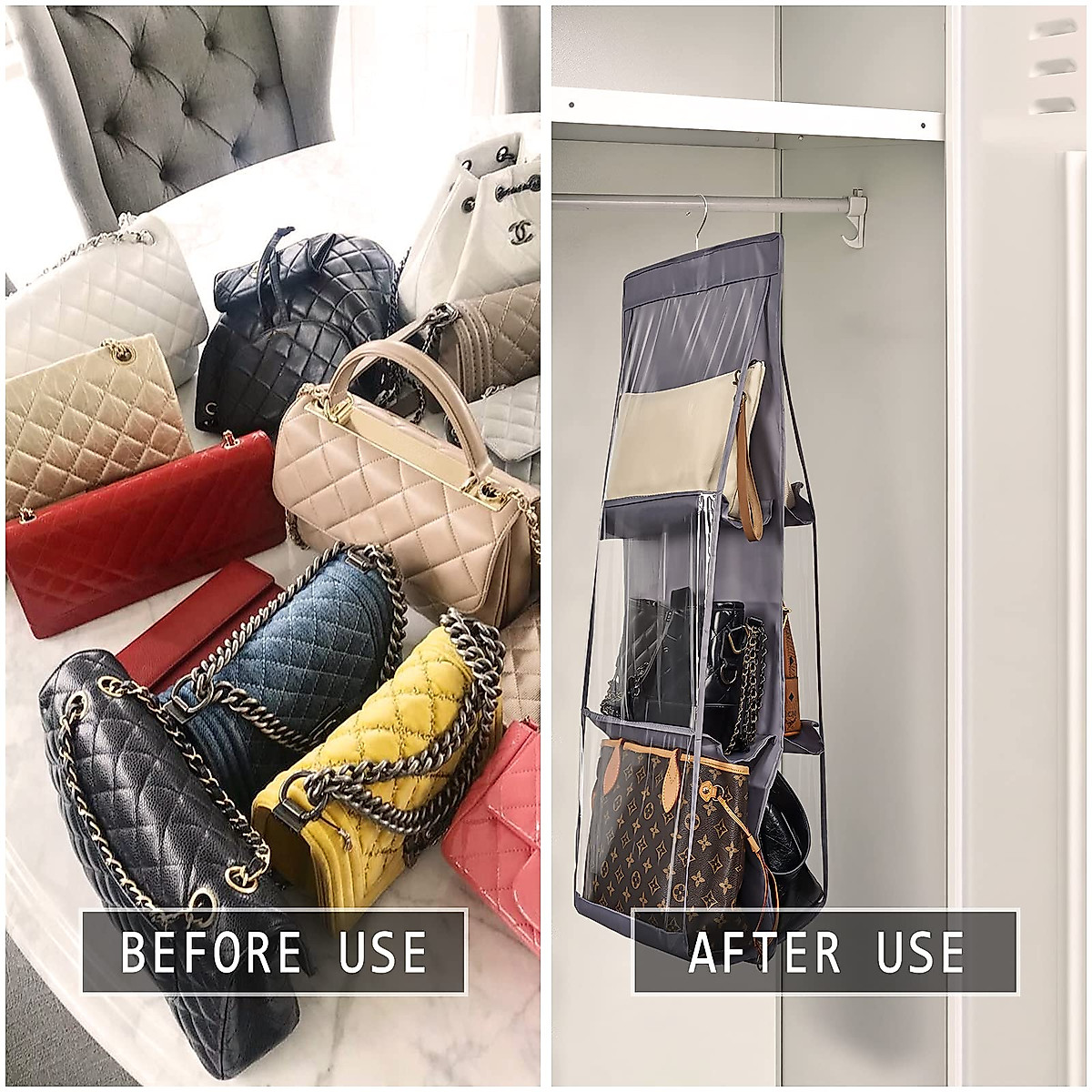 Vercord Hanging Purse Organinzer Handbag Tote Hanger Closet Dustproof Storage Bag with Six Pockets Grey