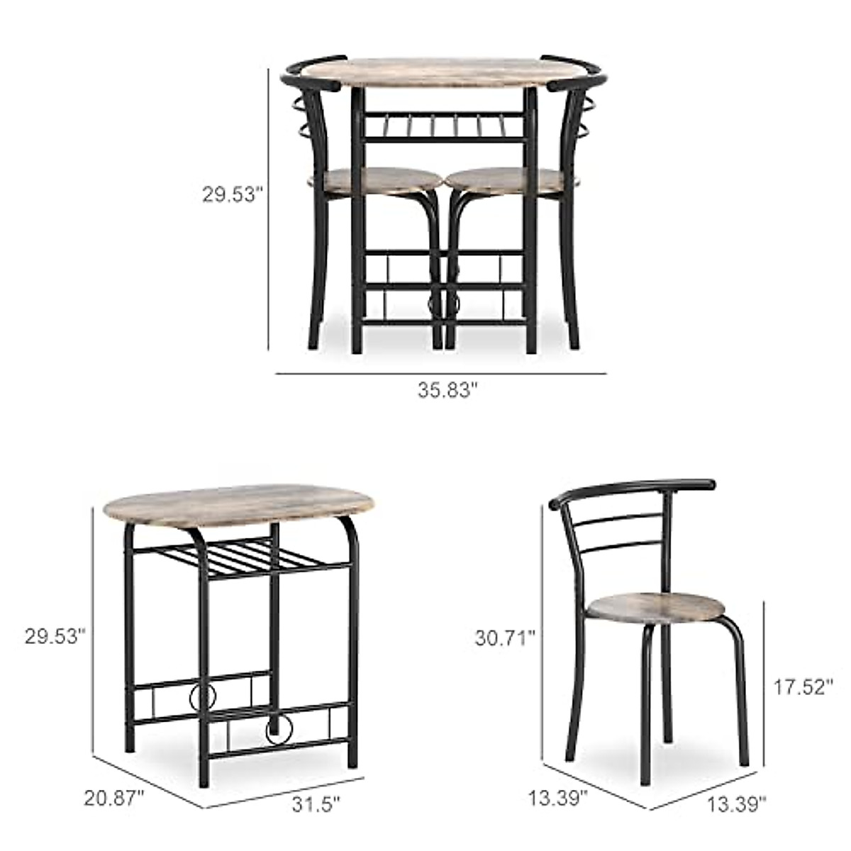 JUMMICO 3 Pieces Dining Set for 2 Small Kitchen Breakfast Table Set Space Saving Wooden Chairs and Table Set for Apartment Dining Room with Metal Frame and Wine Rack,Walnut