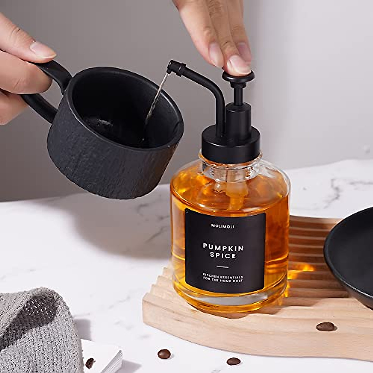 Molimoli Coffee Syrup Dispenser for Coffee Bar, Coffee Pump Dispenser, Glass Syrup Bottle w. Pump, 11.8 oz 350 ml, Set of 2, Black Upgraded Pump