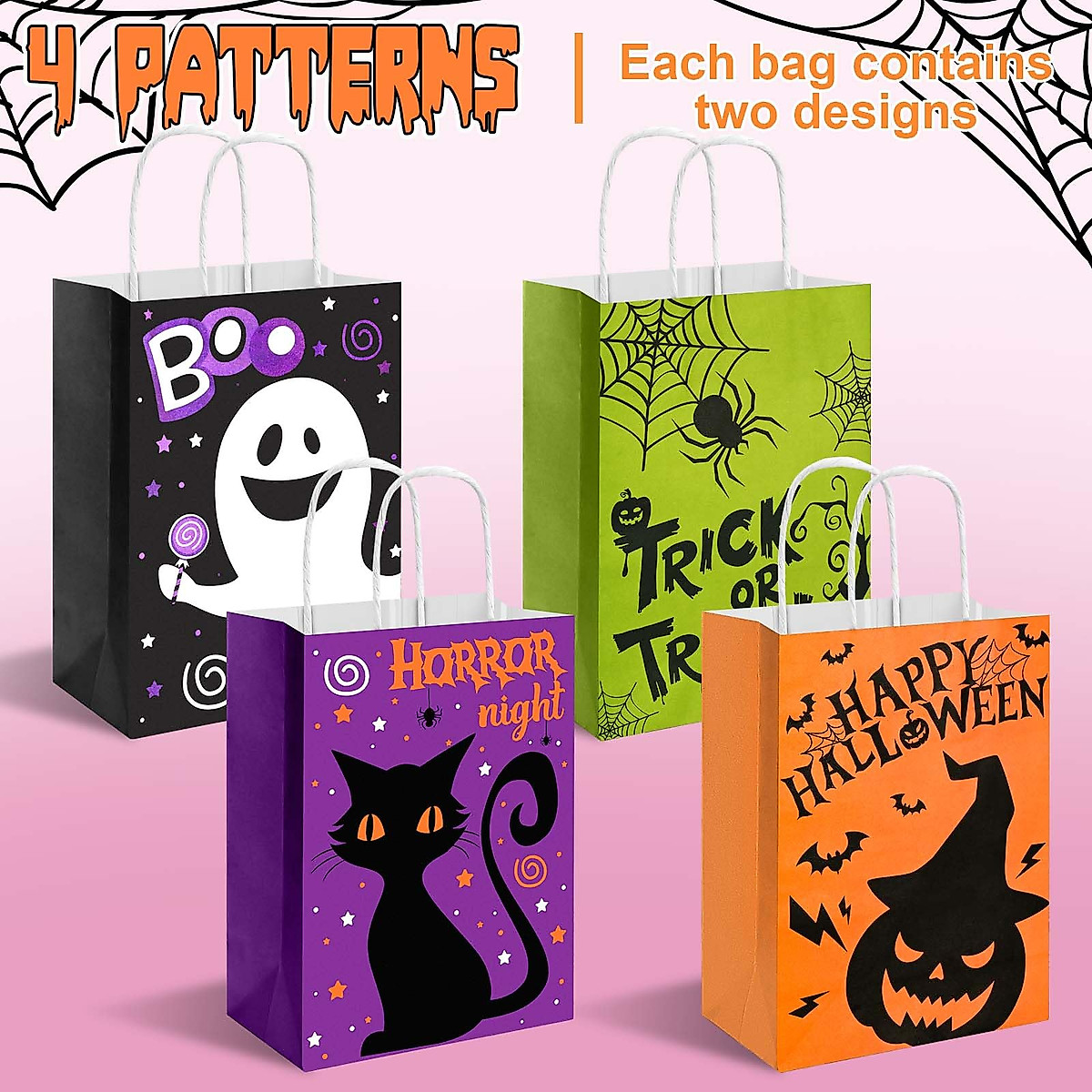 24Pcs Halloween Trick or Treat Paper Gift Bags Happy Halloween Theme Candy Bags with Handles Pumpkin Ghost Black Cat Goodie Favors Bags for Gift Wrapping Holiday Birthday Party DIY Crafts