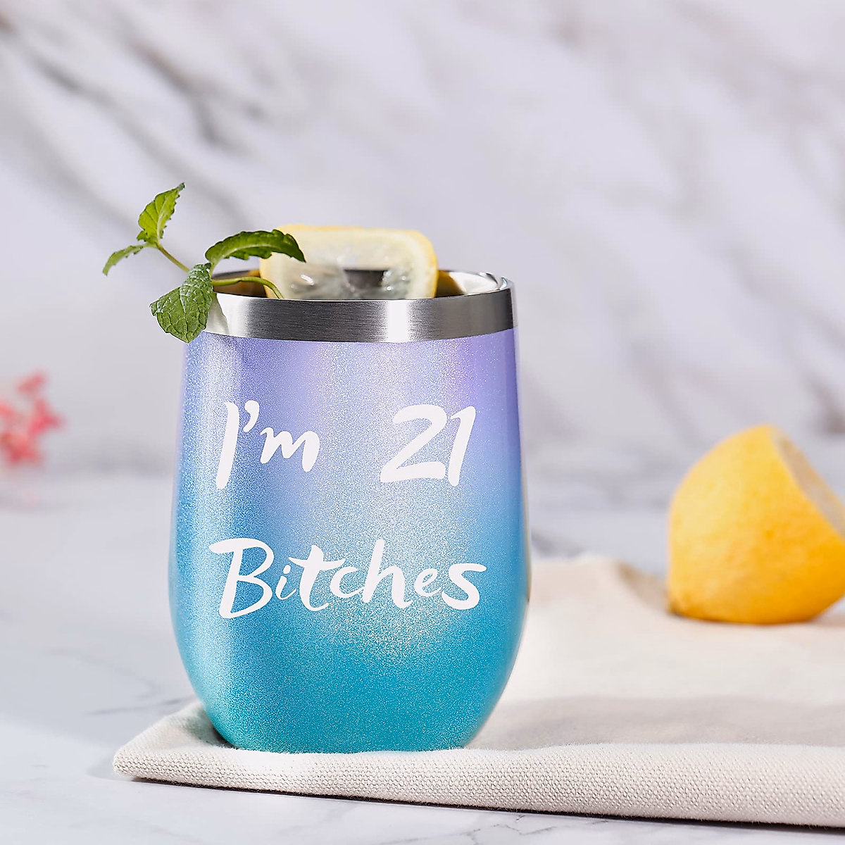 KFK 21st Birthday Gifts for Her,Funny 21 Year Old Birthday Gifts, 21st Birthday Wine Tumbler with Keychain, 21st Birthday Decorations for Women, Sister, Friends-(Glitter Peacock)