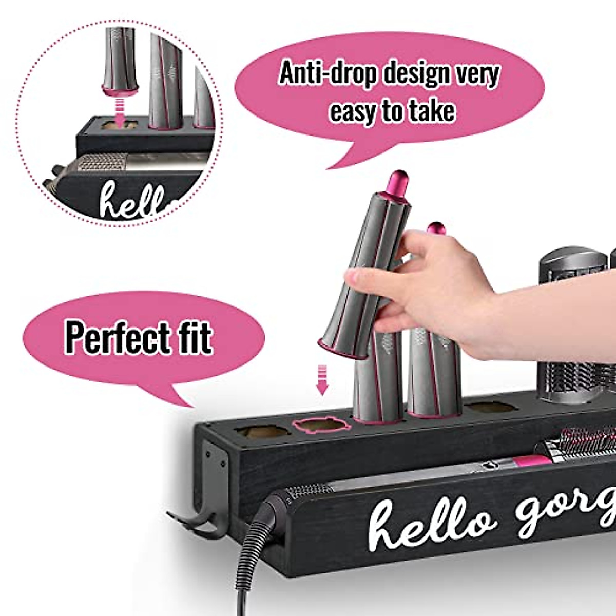 Wood & Metal Storage Holder for Dyson Airwrap, Curling Iron Holder for Dyson Airwrap, Dyson Airwrap Holder Wall Mount, Dyson Hair Dryer Holder Hair Tool Organizer for Dyson Airwrap Styler Accessories