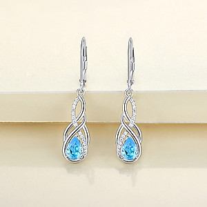 YL Infinity Earrings 925 Sterling Silver Twist Dangle Drop Earring Created Aquamarine Celtic Knot Leverback Jewelry for Women