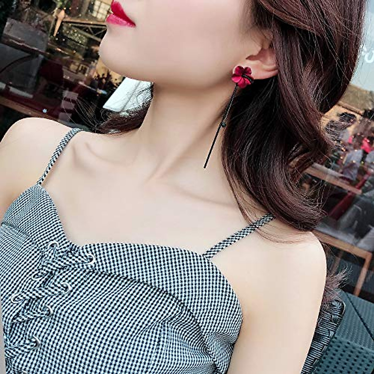 Trendy Red Green Poppy Flower Black Long Line Bar alloy Tassel Earrings for Women Charm Drop Dangle Earring Jewelry (Red)