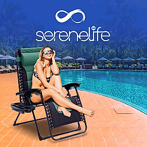 SereneLife Padded Zero Gravity Lounge Chair - Reclining Patio Chairs - Outdoor Lounge Chairs with Detachable Cup Holder Tray - Folding Recliner Chair with Removable Pillows - 1, Green and Black