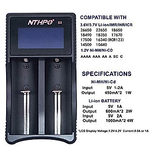 NTHPO Universal Battery Charger S2 LCD Display Smart Intelligent Charger for Rechargeable Li-ion Batteries 26650 22650 18650 18490 18350 17670 17500 16340(RCR123) 14500 10440 Ni-MH Ni-CD AA AAA