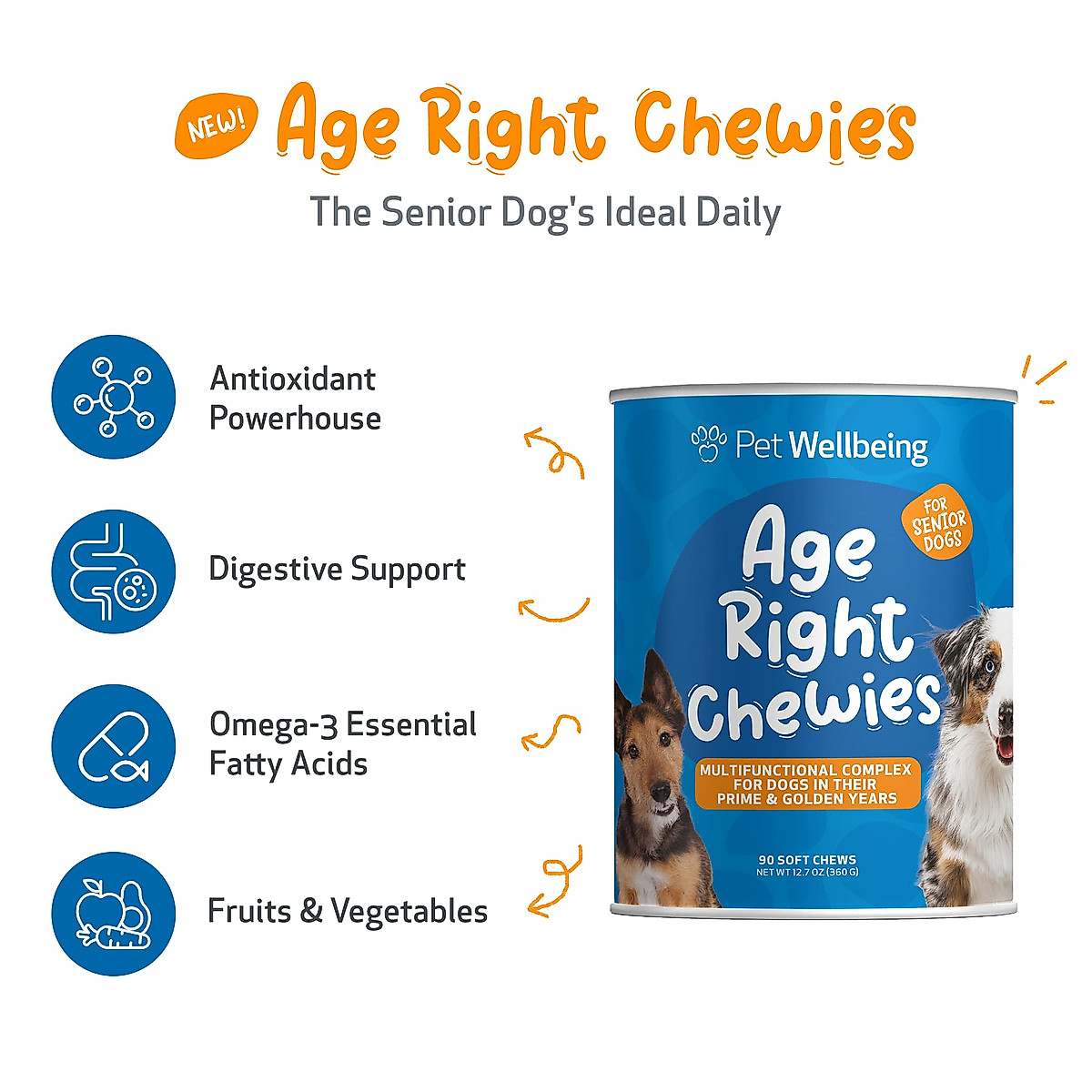 Pet Wellbeing Age Right Chewies for Dogs in Their Prime & Senior Years - Vet-Formulated - Daily Multifunctional Support for Joint Mobility, Immune, Heart Health, Shiny Coat, Energy - 90 Soft Chews