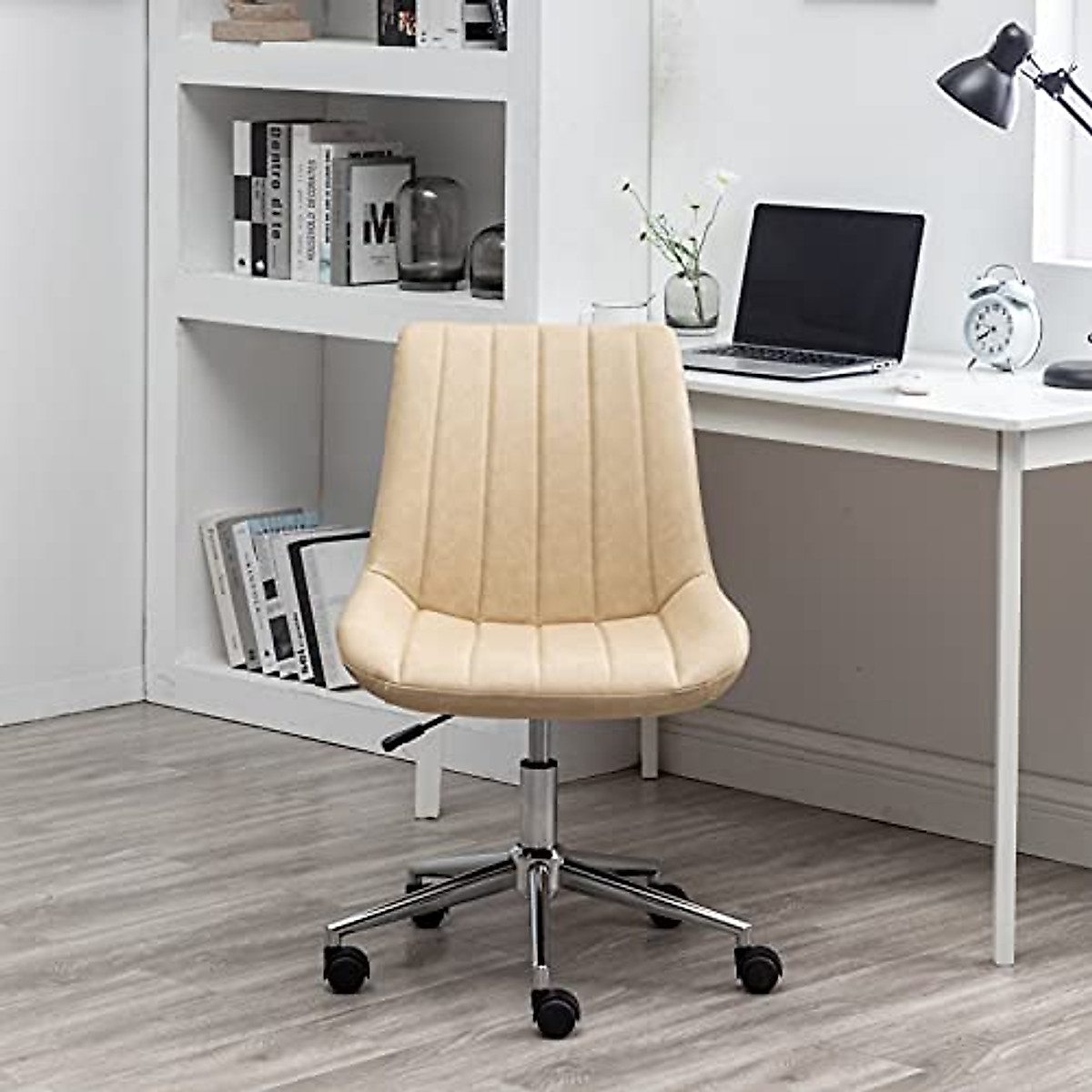 BTEXPERT Beige Home Office Faux Leather Computer Ergonomic Task Adjustable Leisure Chrome Base Swivel Armless Rolling Wheels Study Desk Vanity Chair