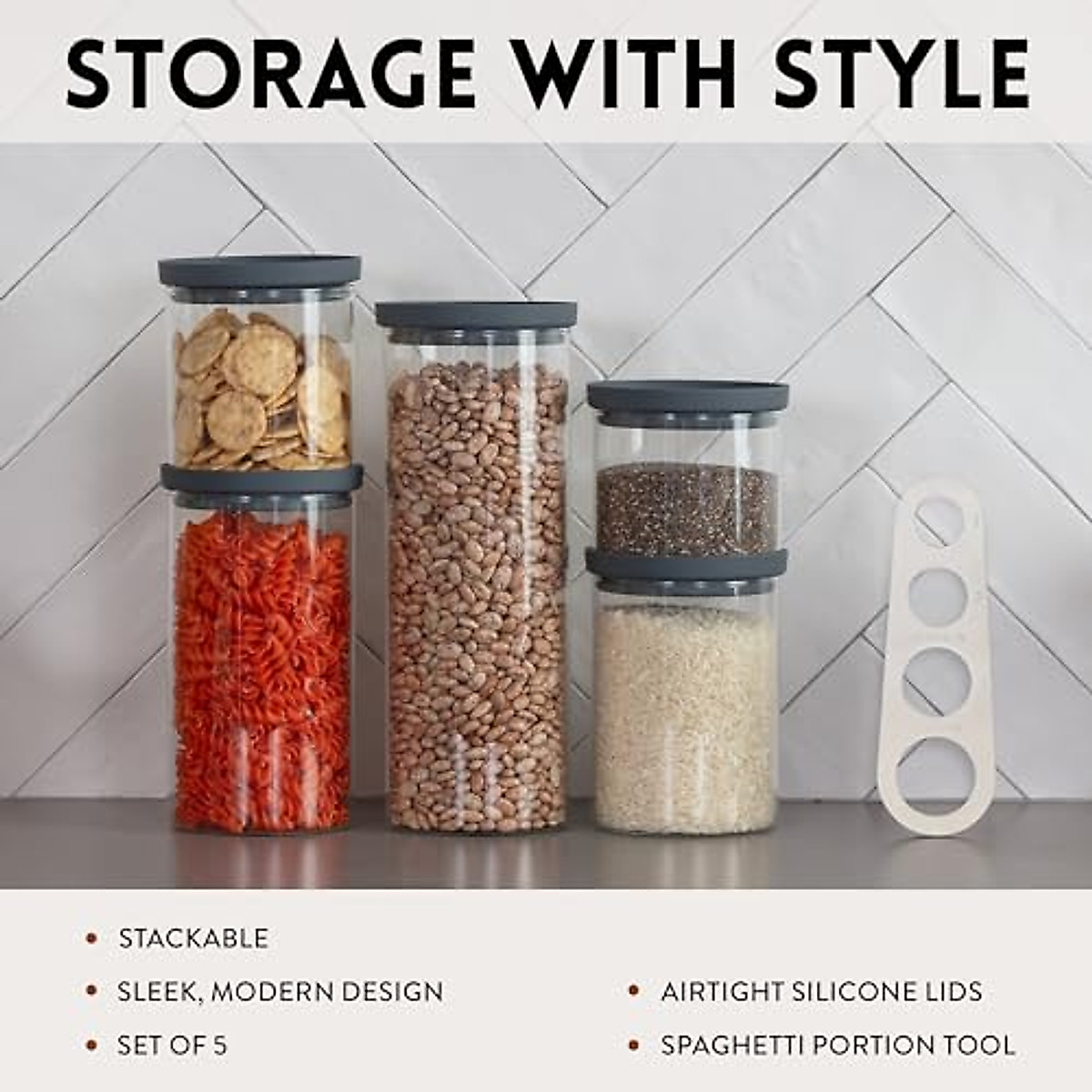 THE HAZEL PANTRY Glass Airtight Food Storage Containers with Silicone and Glass Lids – BPA-Free Jars and Canisters for Pasta Rice Flour, Dry or Wet Foods, Pantry Meal Prep – Set of 5 with Portion Tool