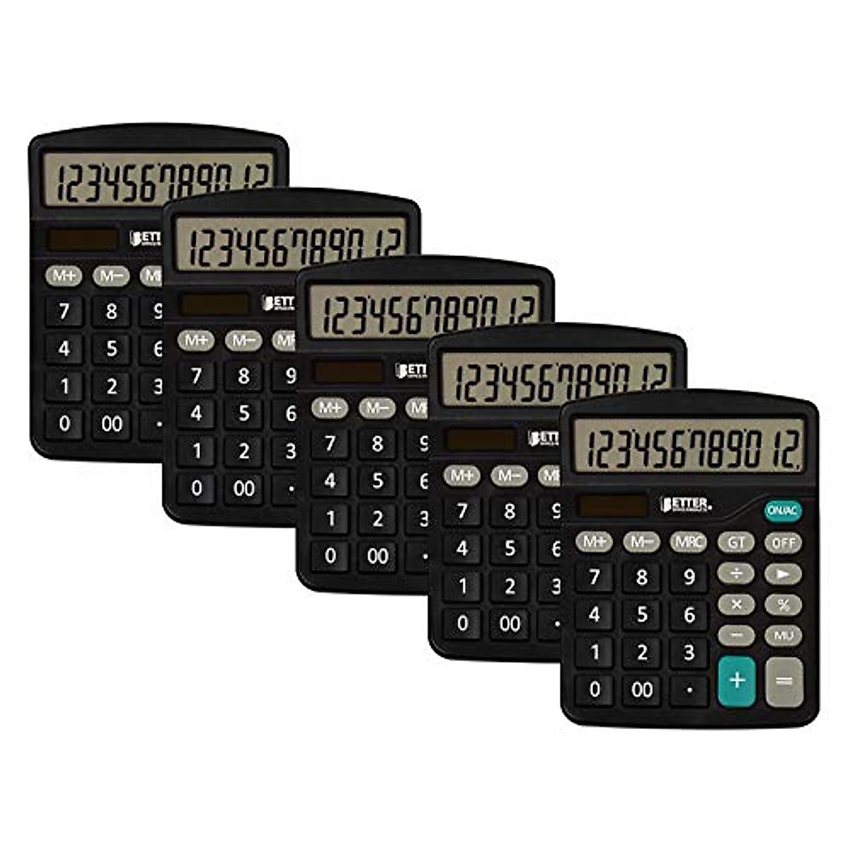 Large Desktop Calculators, 5 Pack, 12-Digit LCD Display, Angled Display Panel, by Better Office Products, Standard Function, Black, Dual Power with Included AA Battery Power, 5 Pack