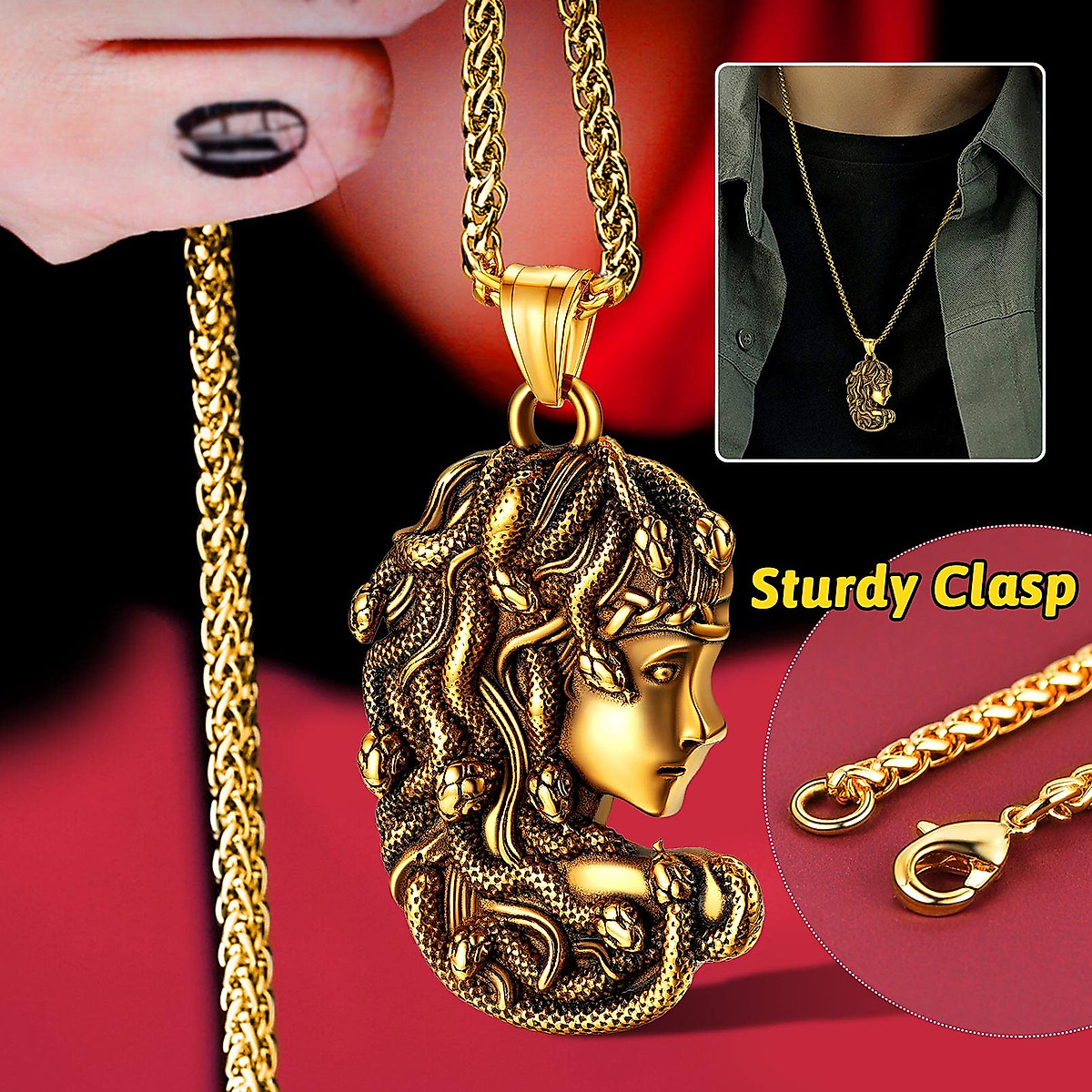 FaithHeart Womens Medusa Snake Necklace Gold Plated Greek Culture Jewelry Goth Snake Head Pendant Neck Charms for Male