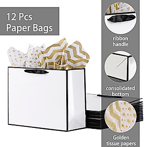 SHIPKEY 12 Pack White Gift Bags with Tissue Paper, 12.5x4.5x11 inches White Paper Bags with Ribbon Handles, Large Gift Bags