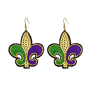 Mardi Gras Earrings for Women,Sequins Fabric Evil Eye Donut Fleur De Lis Dangle Earrings Carnival Theme Drop Earrings Holiday (Fleur De Lis)