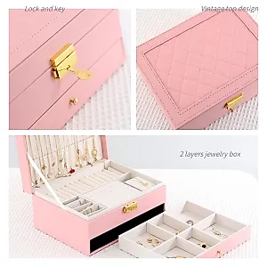 GUOER Jewelry Organizer Box for Women - Large PU Leather Jewelry Organizer Storage Case with Two Layers Display for Earrings Bracelets Rings Watches (Pink)