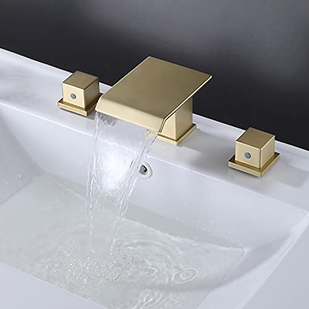 TapLong Solid Brass Modern Waterfall Bathroom Basin Faucet 3 Holes 2 Square Handles Brushed Gold Sink Faucet