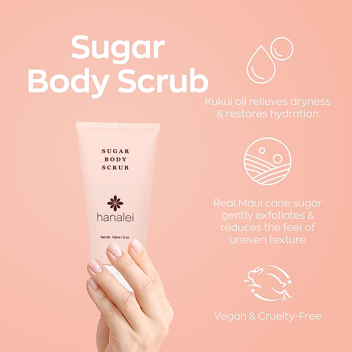 Vegan Brown Sugar Body Scrub: Moisturizing Exfoliator for Dry Skin - Women's Body Care - Made with Hawaiian Raw Cane Sugar and Kukui Oil - Made in the USA - 150g