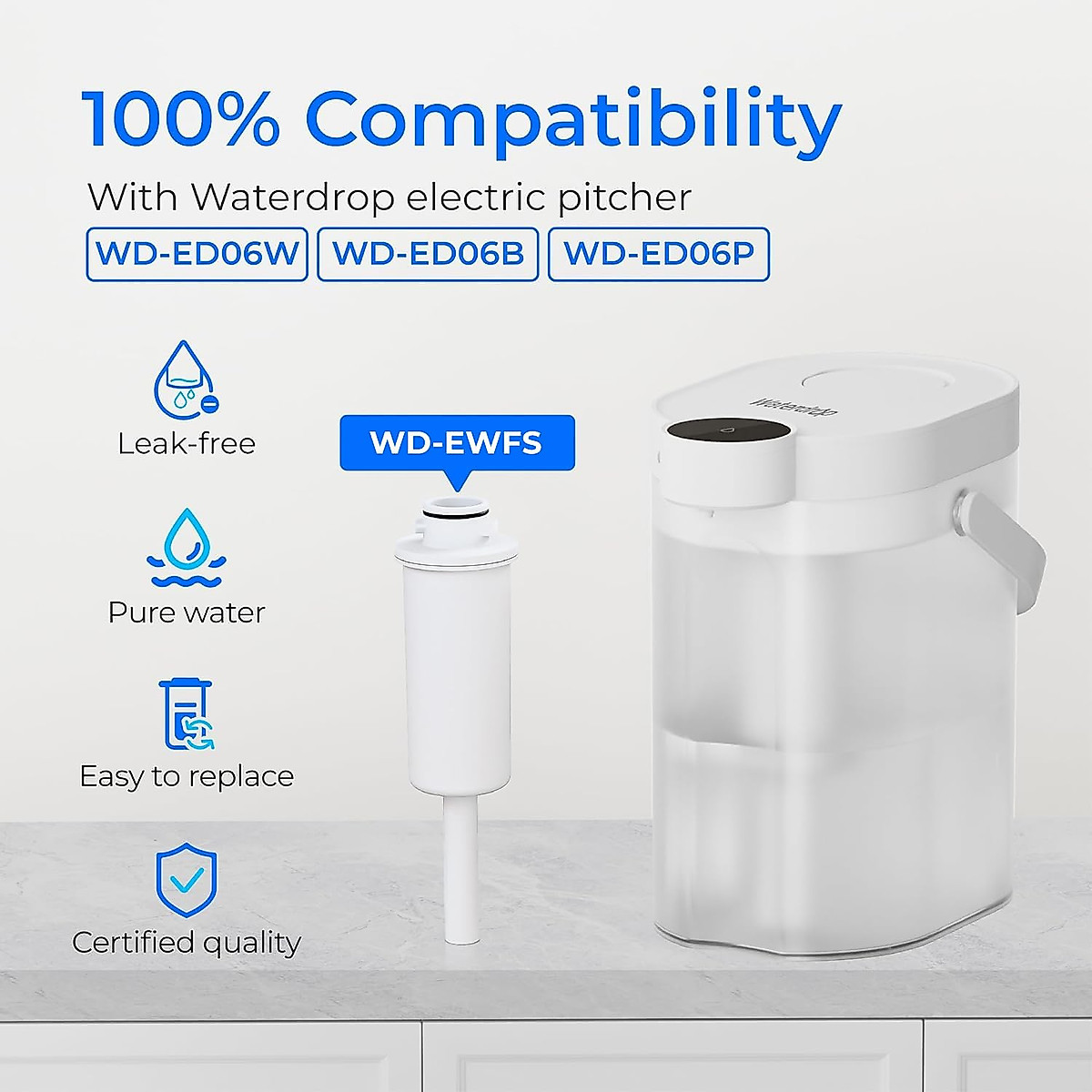 Waterdrop WD-EWFS Replacement Filters for Waterdrop FreshTaste Rechargeable Electric Pitcher 𝐖𝐃-𝐄𝐃𝟎𝟔, 2 Months or 40 Gallons, Reduce Chlorine, Lead, Copper, Purify, Soften Water, 3 Filters
