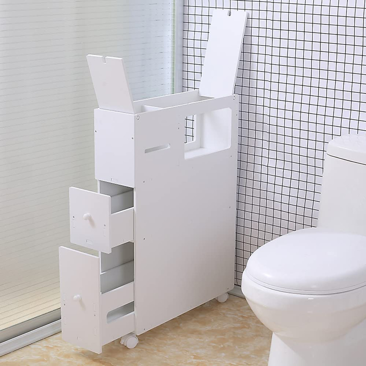 KONKENIE 4 Tier Slim Toilet Side Cabinet Bath Narrow Corner Floor Cabinet with Wheels 2 Drawer Bathroom Storage Cabinet with Shelf Toilet Paper Holder Towel Organizer Vertical for Small Space White
