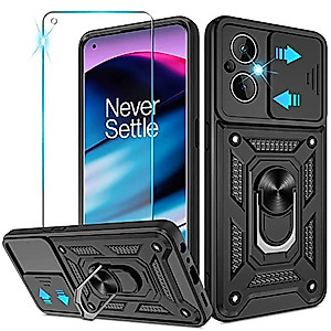 for OnePlus Nord N20 5G Case with HD Screen Protector, Heavy Duty Shockproof Protective Case with Metal Kickstand [Military Grade] Protective Case for OnePlus Nord N20 5G, Black
