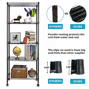 JS HANGER Wire Shelving Unit, 5-Tier Heavy Duty Height Adjustable Rolling Metal Shelves for Storage, 550 lbs Capacity, 23.23''W X 13.4''D X 71''H, Black