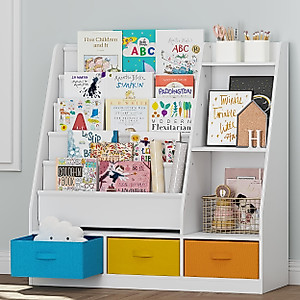 UTEX 5-Tier Kids Sling Bookshelf with Storage Bins, Wood Children Bookcase, Toddler Montessori Book Shelf for Kids Room, Classroom, Bedroom, and Nursery, White