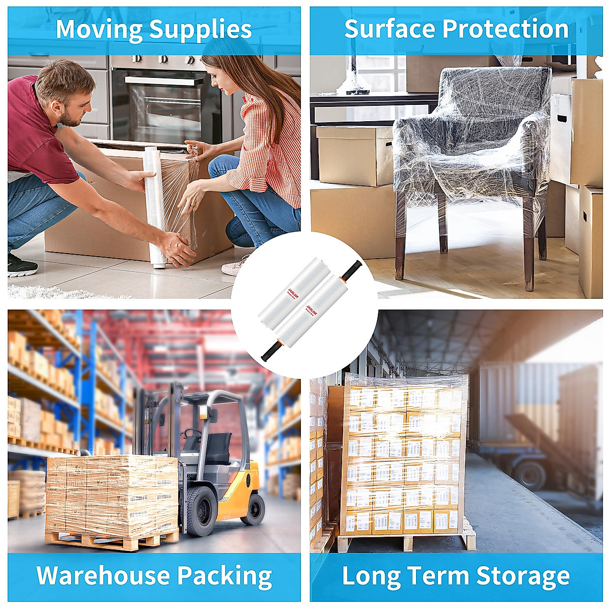 JARLINK Stretch Film, 15 Inch x 1000 Feet Shrink Wrap for Pallet Wrap, Industrial Strength Stretch Wrap up to 800% Stretch with Handles, Moving Wrapping Plastic Roll, 80 Gauge, 2 Pack