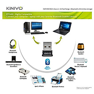 Kinivo USB Bluetooth Adapter for PC BTD400 (Bluetooth 4.0 Dongle Receiver, Low Energy) - Compatible with Windows 11/10/8.1/8/7, Raspberry Pi, Linux, MacOS, Laptop & Headphones