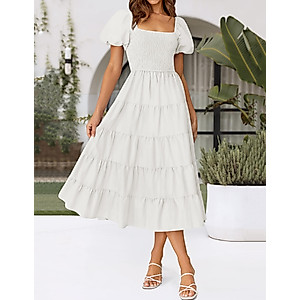ZESICA Women's 2025 Summer Square Neck Short Puff Sleeve Solid Color High Waist Casual Smocked Flowy A Line Tiered Midi Dress,White,Small