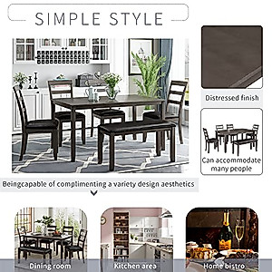 MOEO 6 Piece Kitchen Table Set, Wood Dining Faux Marble Top Diningtable with 4 PU Cushion Chairs & Bench for Breakfast Nook, Bar, Living Room, Gray, Brown