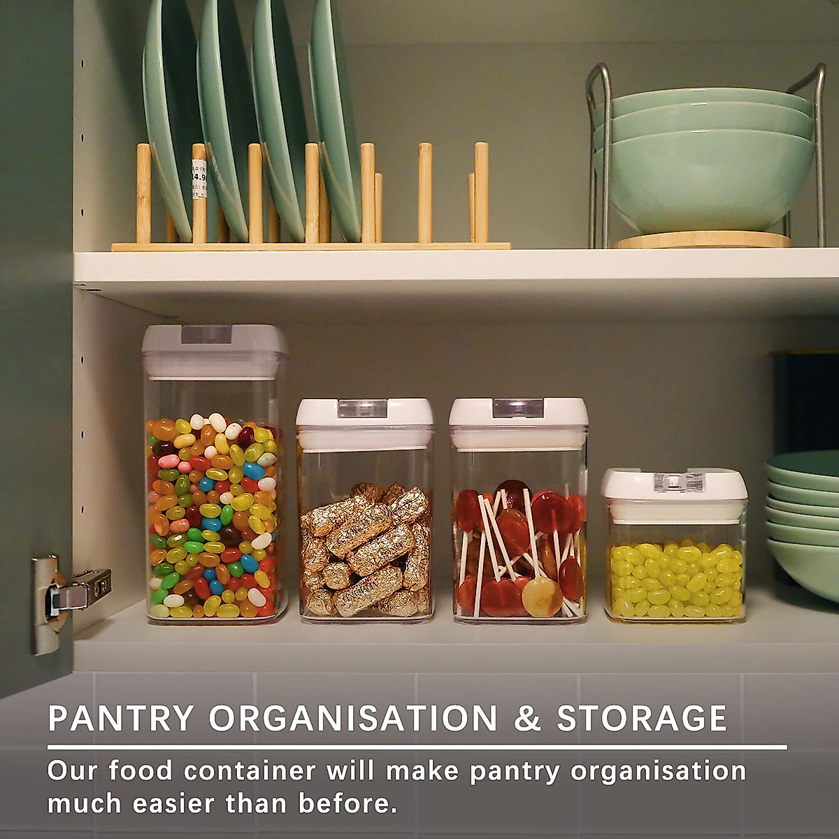 NUMYTON Pasta Containers for Pantry - 6Pcs - Pantry Organization and Storage - Airtight Food Storage Containers for Candy Bars, Chocolate, Twizzler, Toffee Candy, & Cereal