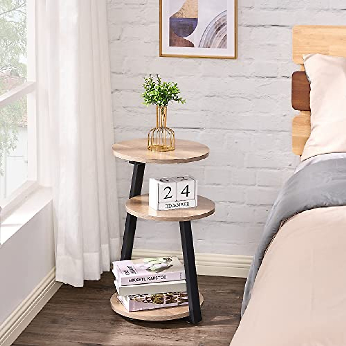 BEWISHOME Round End Table Side with Metal Frame, Accent Nightstand Bedside 3-Tier Shelves, Small for Living Room Bedroom Couch Coffee Greige KTZ41G