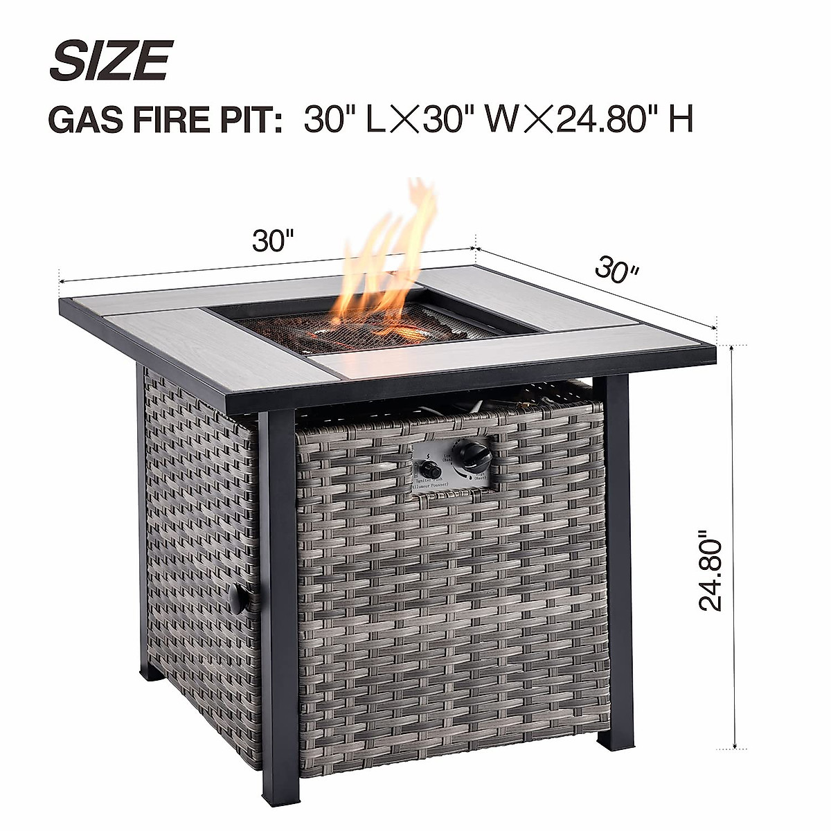 XIZZI 30 Inch Gas Fire Pit Table,50,000 BTU Stainless Steel Fire Table with Lid and Volcanic Rock, All Weather Wicker Outdoor Square Propane Fire Pits for Outside,30 * 30 * 25 Inches Grey Wicker