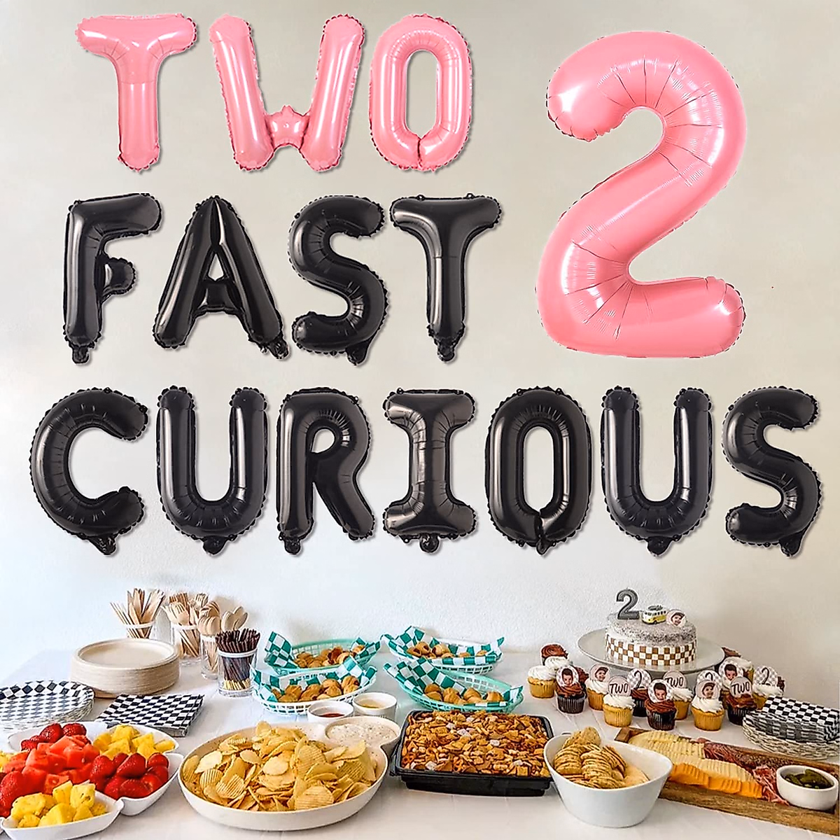 90Pcs Pink Racing Car 2nd Birthday Party Decorations for Girls, TWO FAST CURIOUS 2 Foil Balloons with Pink Black Checkerboard Grid Balloon Garland Kit for Girls 2 Years Old Birthday Decoration