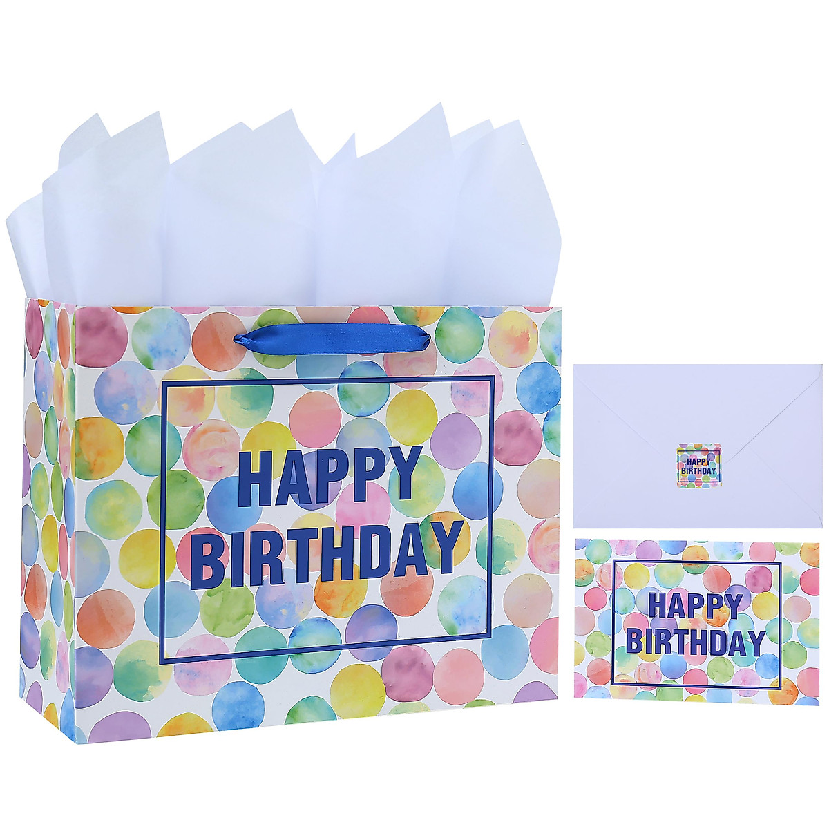 13" Large Colorful Gift Bag Set with Greeting Card and Tissue Papers (Dots and Happy Birthday) for Women's or Men's Birthday Party, Girls', Boys' or Kids' Birthday Parties, Baby Shower, Baby Girl or Boy -13”x5.2”x10.2”,1 Pcs.