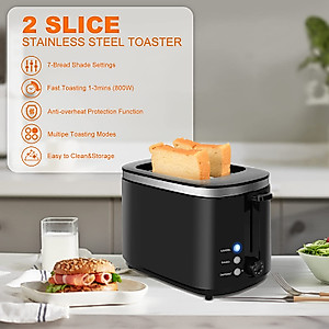 Toaster 2 Slice Best Rated Prime Stainless Steel 2 Slice Toasters Extra Wide Slot Toasters 7 Shade Settings Defrost/Bagel/Cancel with Removable Crumb Tray for Bread, Waffles, Small Retro Toaster