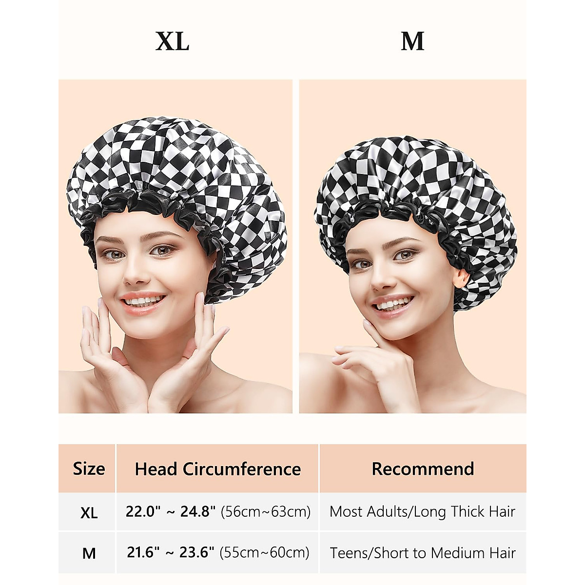 mikimini Large Shower Cap for Women Long Hair, Elegant Chessboard Design,Double-layer Waterproof, Reusable, Washable, No Odor, X-Large