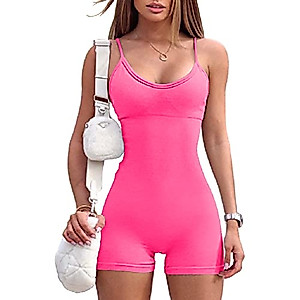 OQQ Women's Yoga Seamless One Piece Spaghetti Strap Tummy Control Padded Sports Romper Bra JumpSuit, Fluorescent Pink, Medium