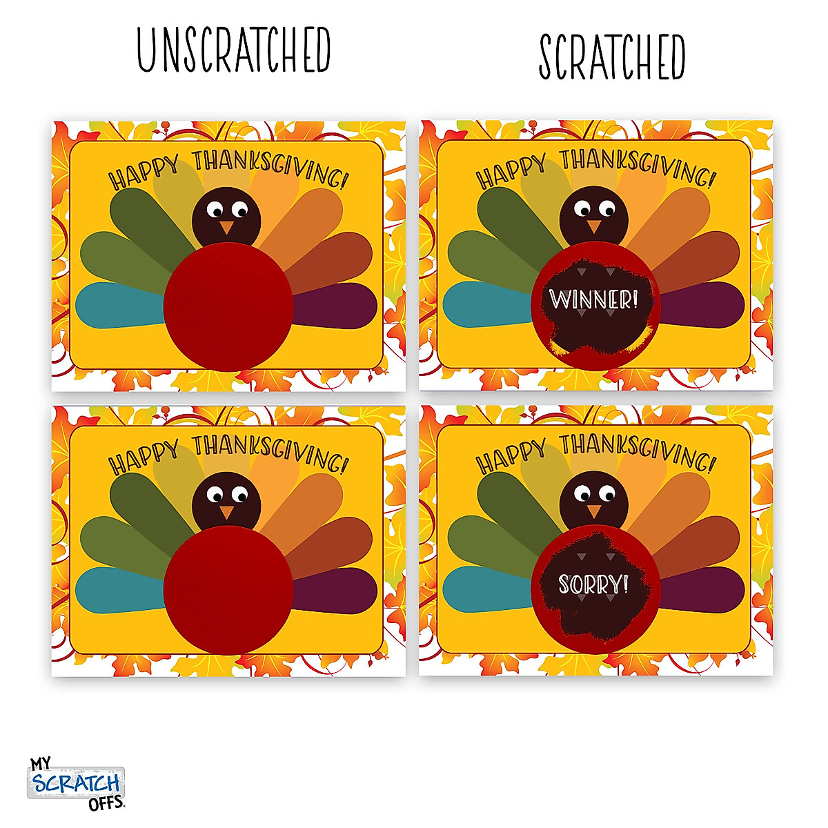 My Scratch Offs - 26 Pack Thanksgiving Turkey Friendsgiving Scratch Off Cards for Family Games, Thank You Cards Small Business, Party Games & Door Prizes