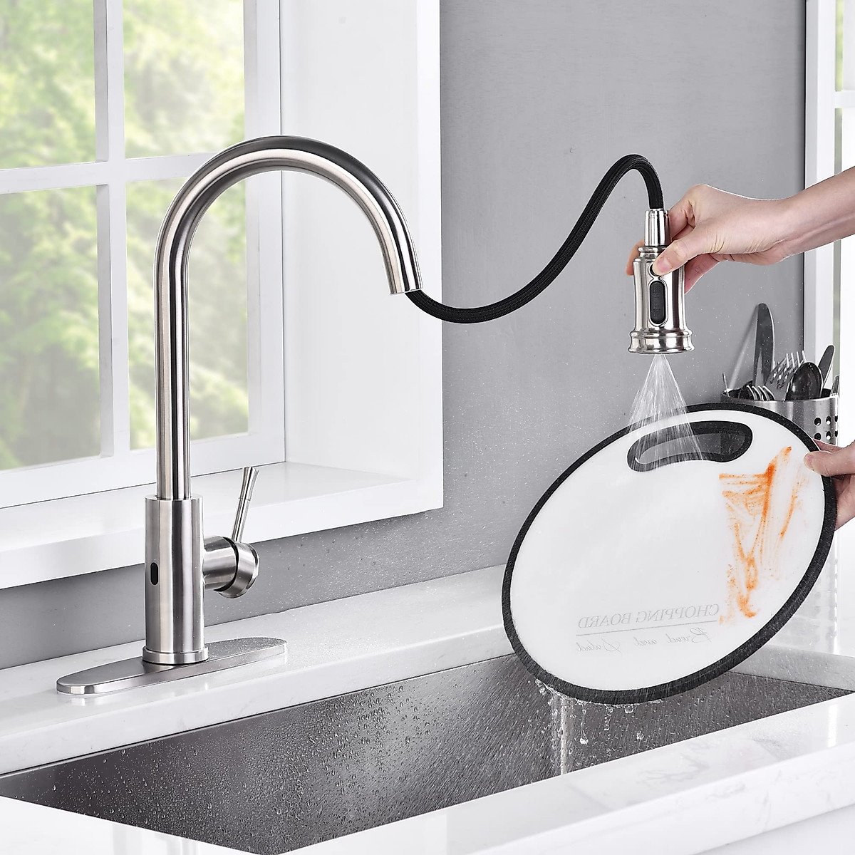 Amazing Force Touchless Kitchen Faucet with 3 Modes Pull Down Sprayer, Single Handle Automatic Motion Sensor Kitchen Sink Faucet with Fingerprints Resistant, Chrome 1.8 GPM