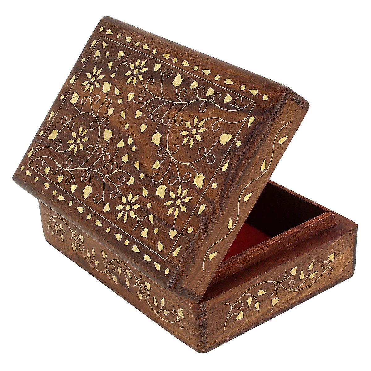 Ajuny Hand Carved Wooden Decorative Jewelry Storage Box with Floral Carvings Design Brass Inlay Keepsake Travel Treasure Chest Trinket Holder Organiser Great Gifts