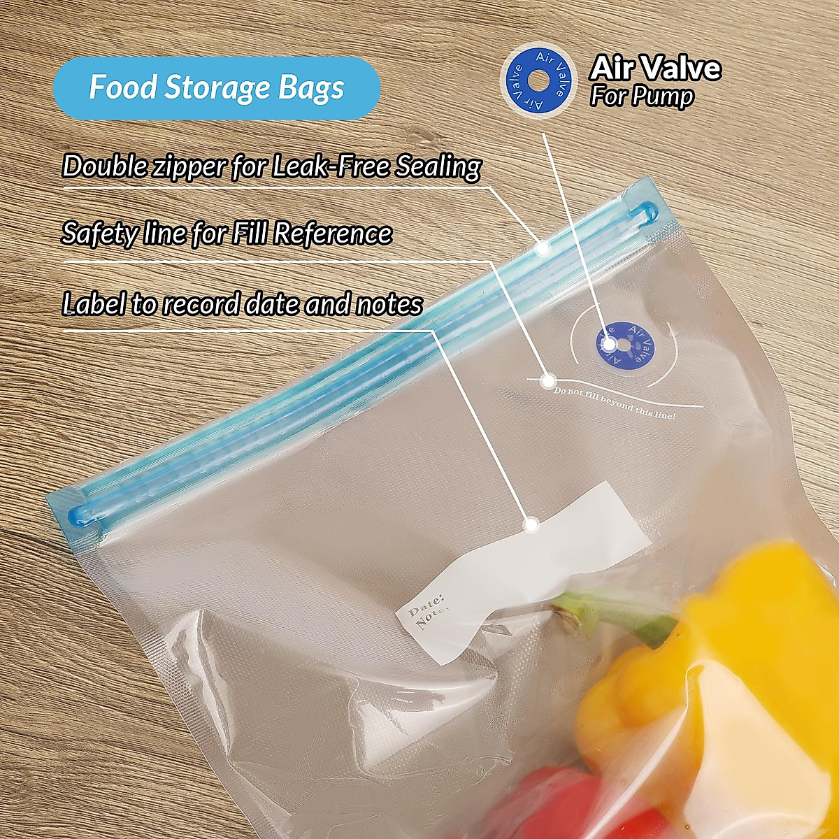 Sous Vide Bags 27Pcs, BPA Free Reusable, Double-Layered Food Storage (8.5 x 8.5 in) for Cooking, Food Storage, and Microwave Heating. Includes 20 Vacuum Zipper Bags, 2 Seal Clips, and 5 Air Valves.