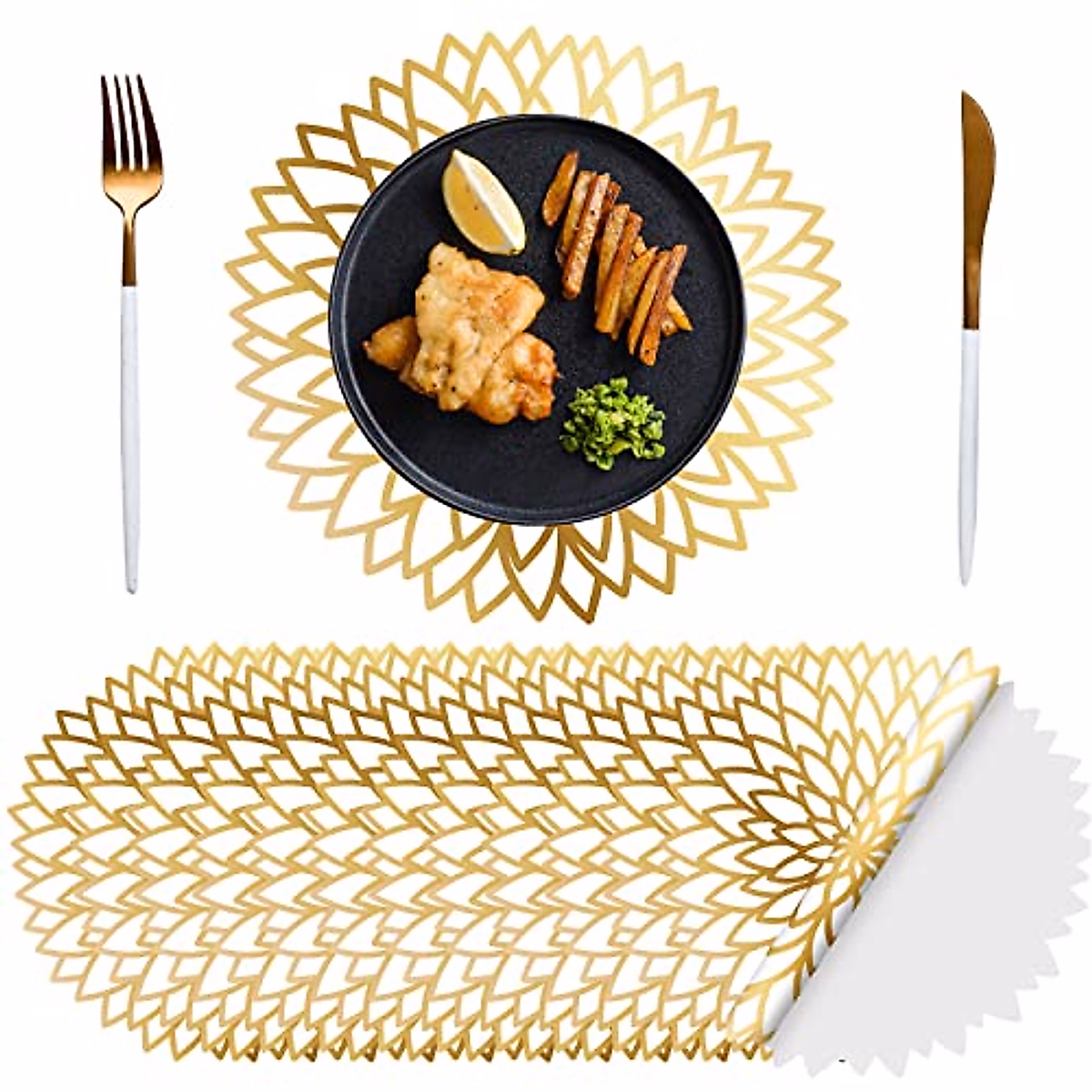 100 Pack Disposable Gold Metallic Round Paper Place Mats 13 Inch Laminated Paper Leaf Dining Table Decoration Pressed Paper Round Table Mates for Dining Table Wedding Home Decoration (Gold Bloom)